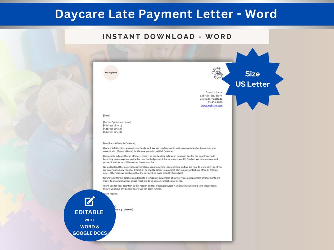 Daycare Late Payment Notice Letter Late Fee Notice Daycare Overdue ...