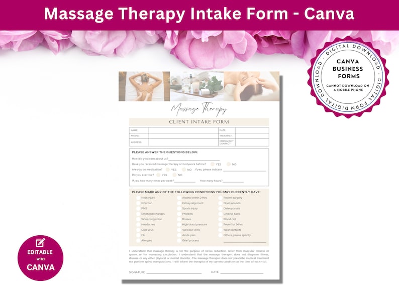 Massage Therapy Client Intake Form Printable PDF and Editable Canva ...