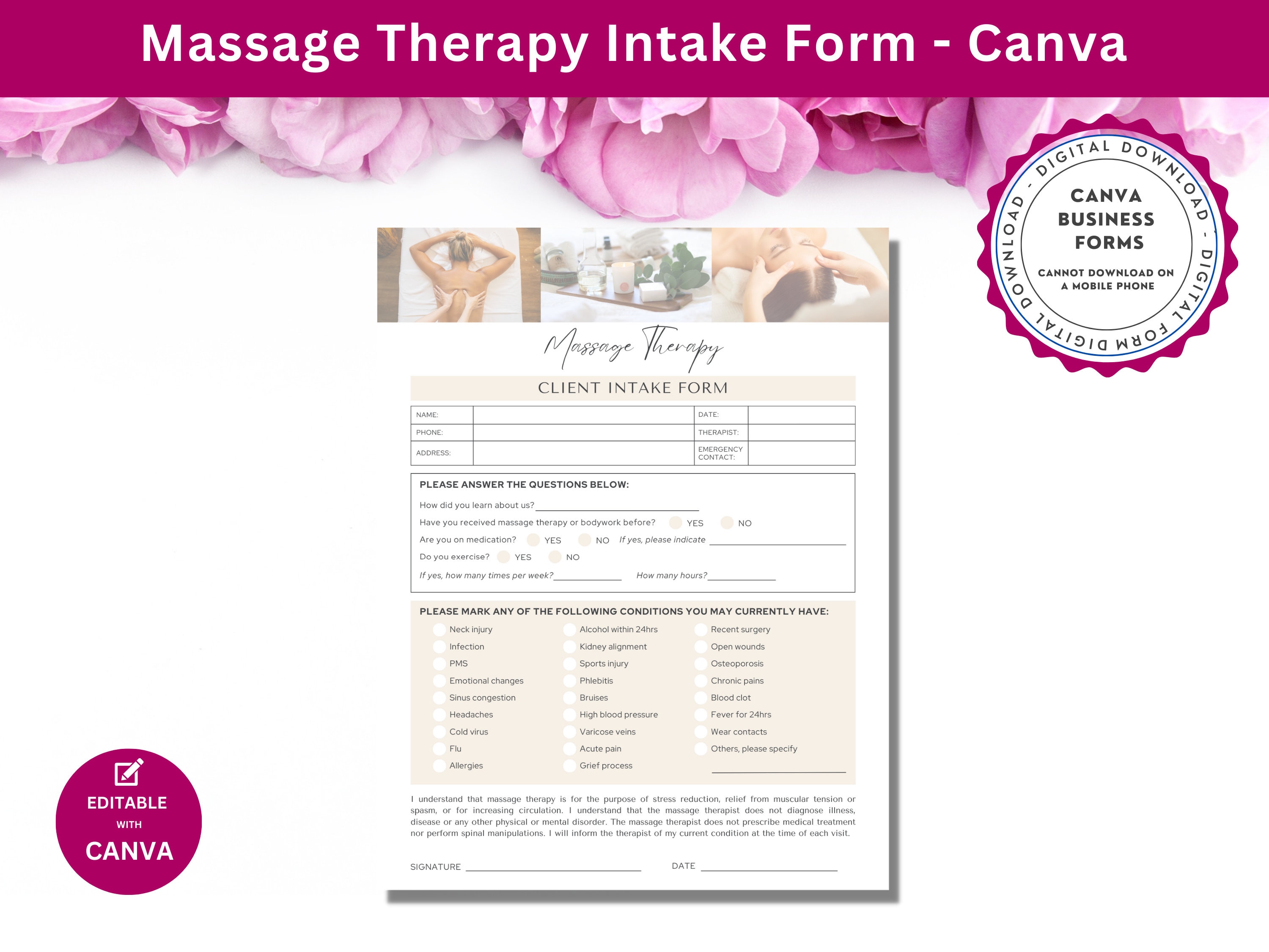 Massage Therapy Client Intake Form Printable PDF and Editable Canva ...
