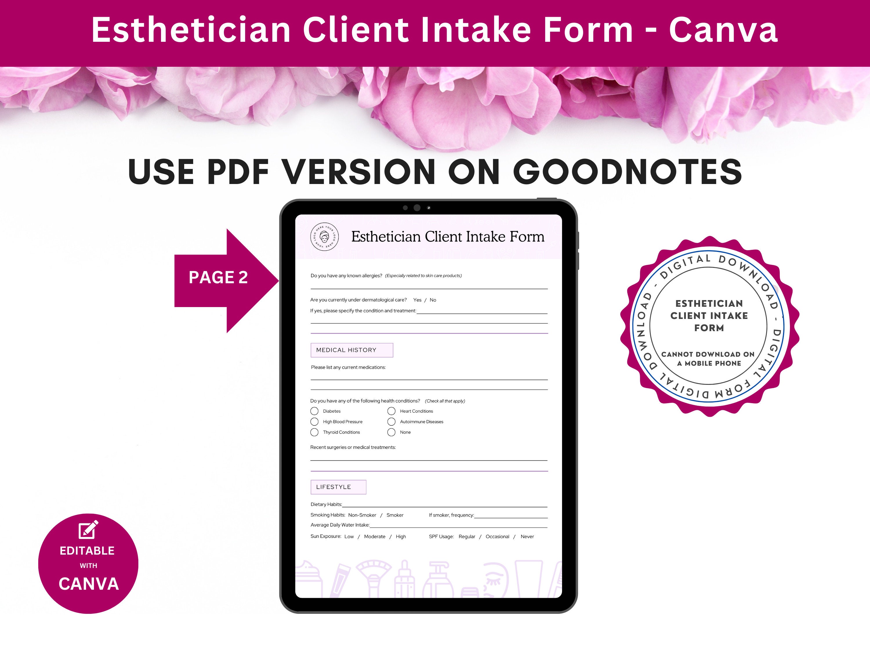 Esthetician Client Intake Form PDF for Beauty Salon Digital Beauty ...
