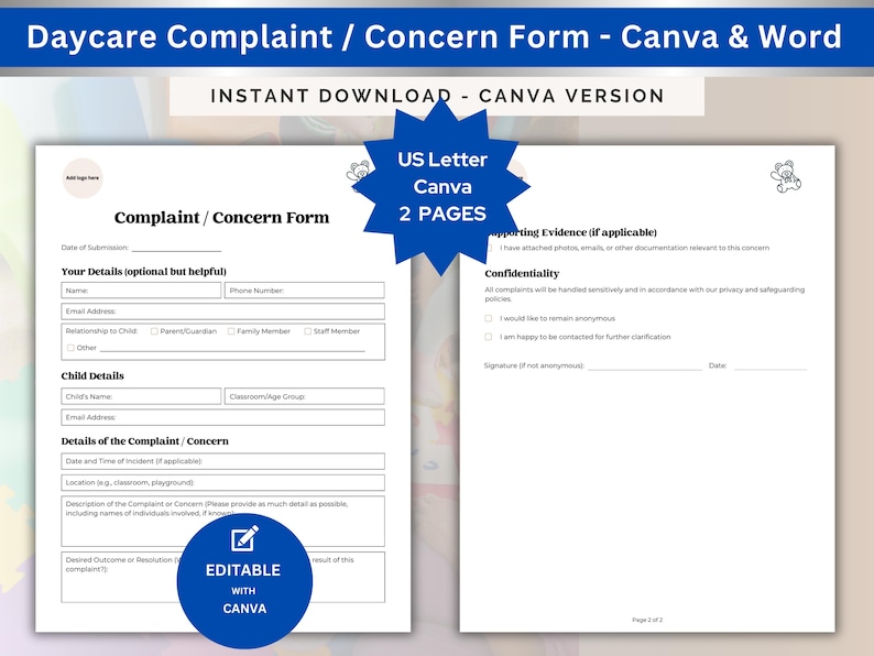 Daycare Complaint Form Printable Parent Concern Report Template ...