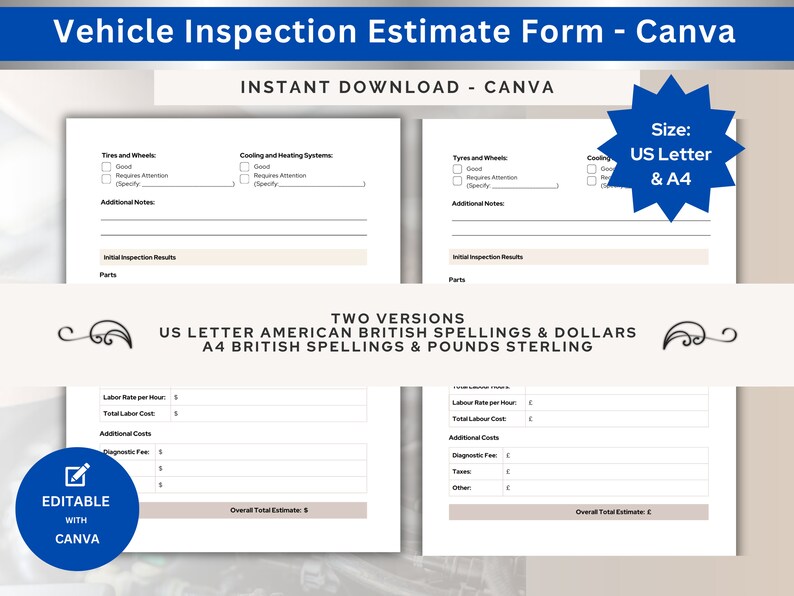 Vehicle Inspection Estimate Form Inspection Car Check Repair Estimate ...