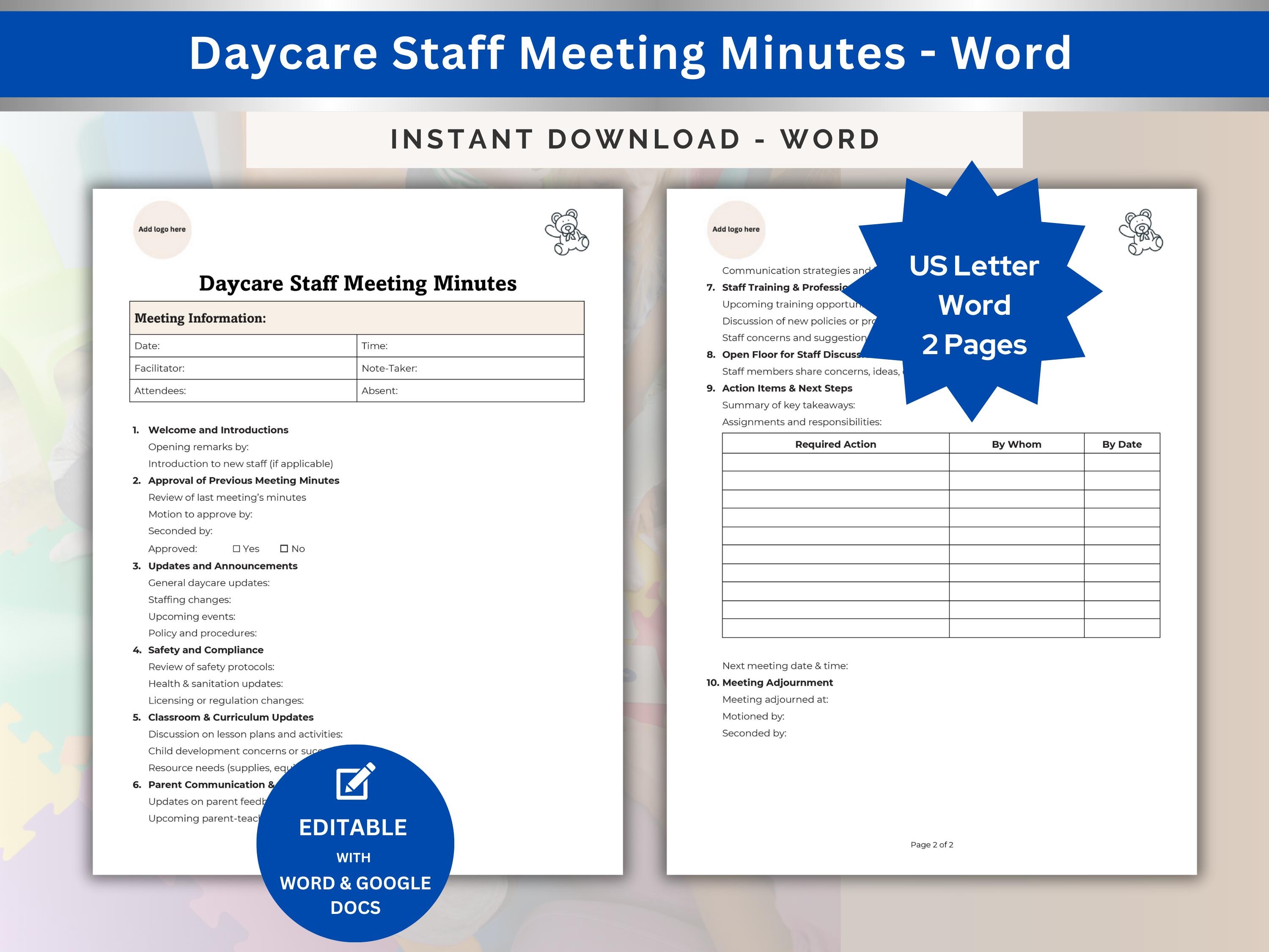 Daycare Staff Meeting Minutes Template Guide Structure Teachers Meeting ...