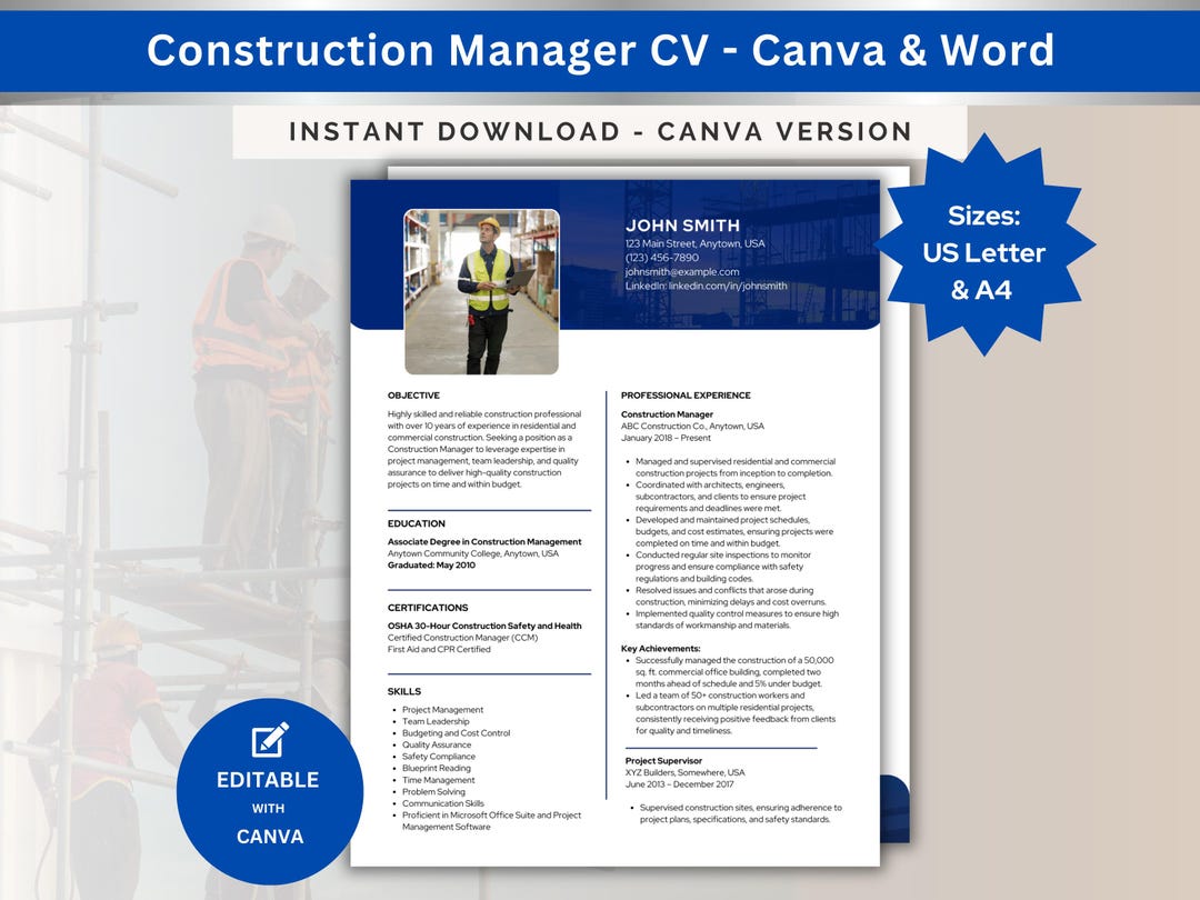 Construction Manager Resume for Construction Worker Project Manager CV ...