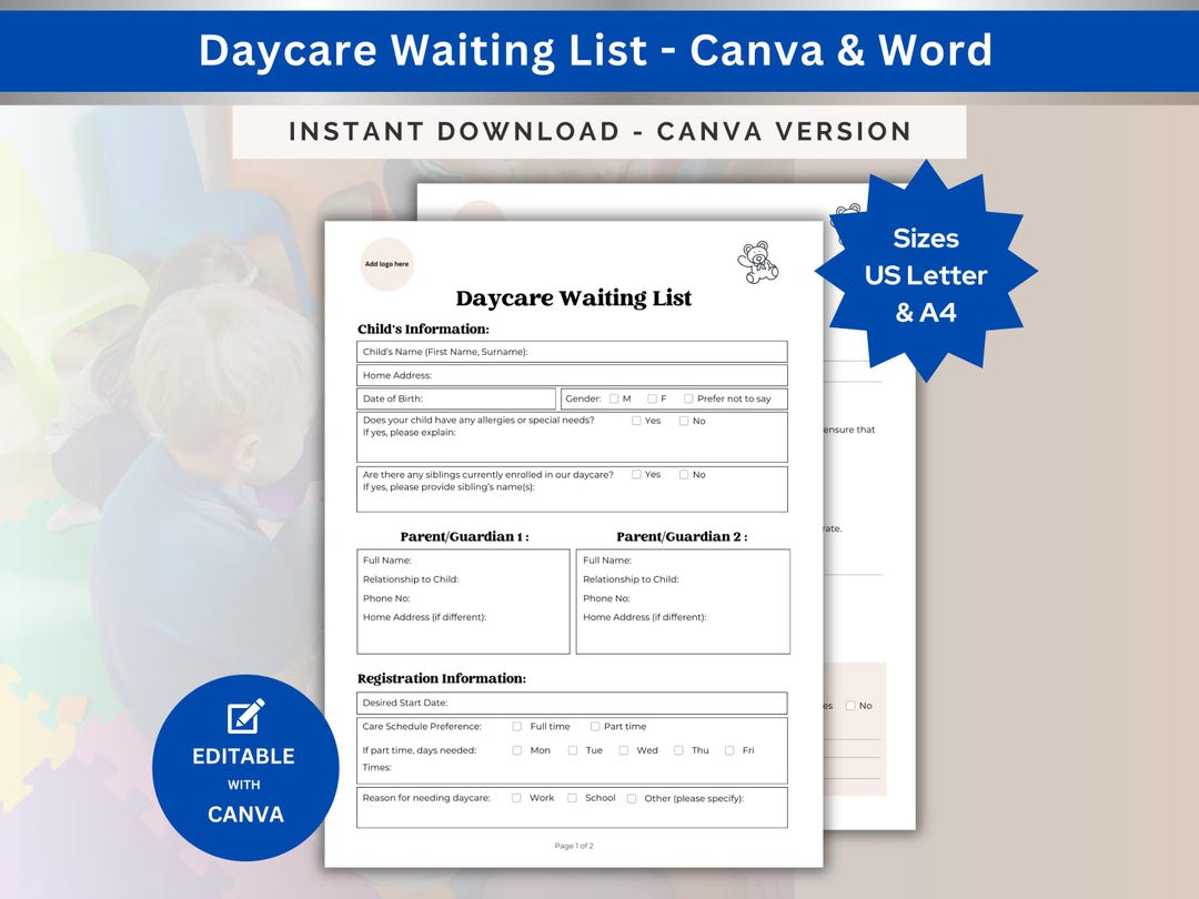 Daycare Waiting List Form Template for Preschool Childcare Registration ...