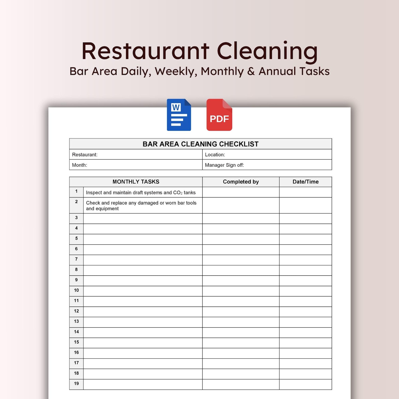 Restaurant Cleaning Checklist Template Bar Area Sanitising Procedures ...