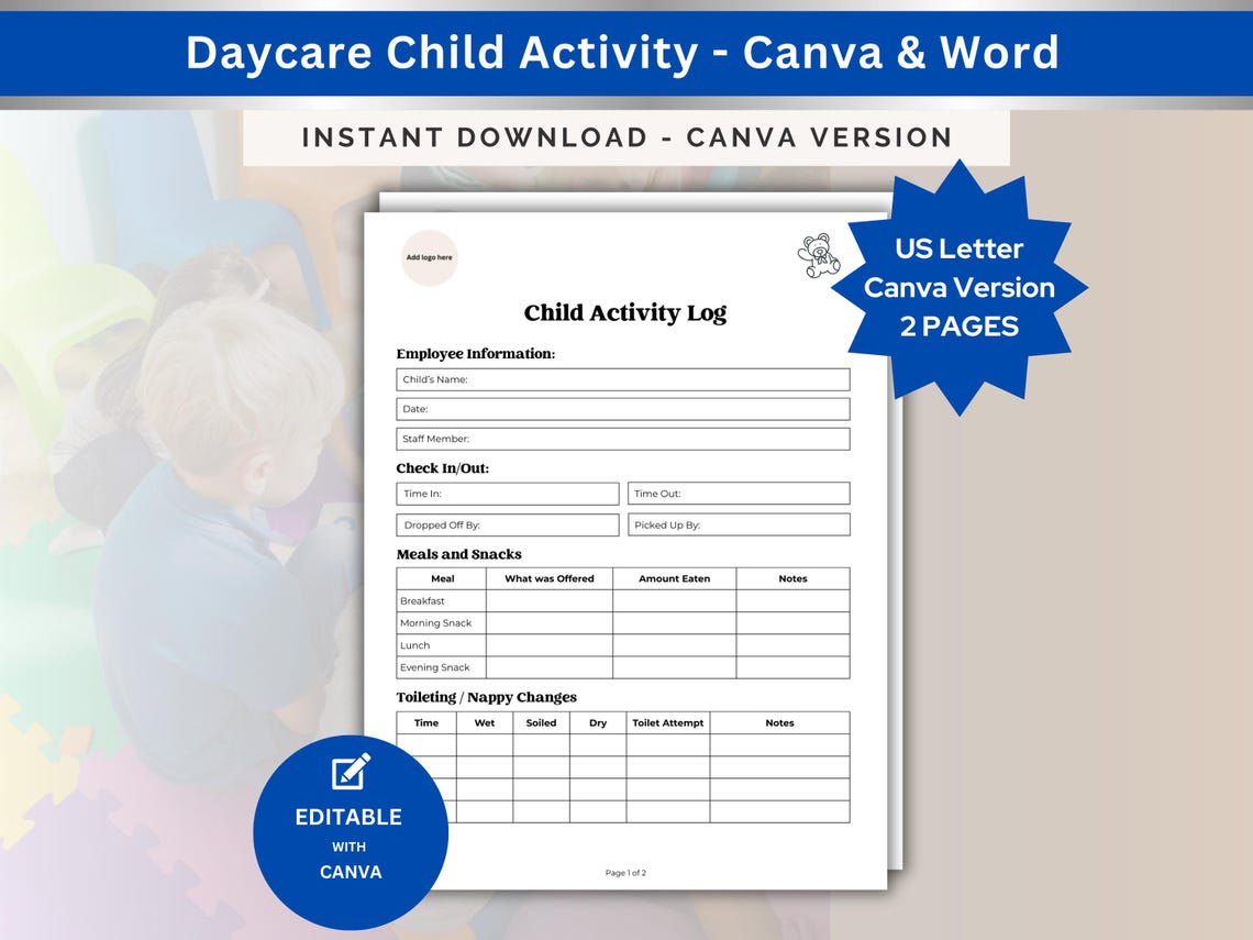 Daycare Child Activity Log Daily Report for Preschool Infant Toddler ...