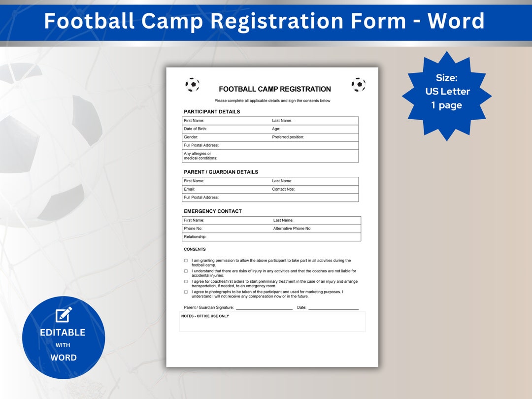 Football Camp Registration Form PDF Printable Youth Football Camp ...
