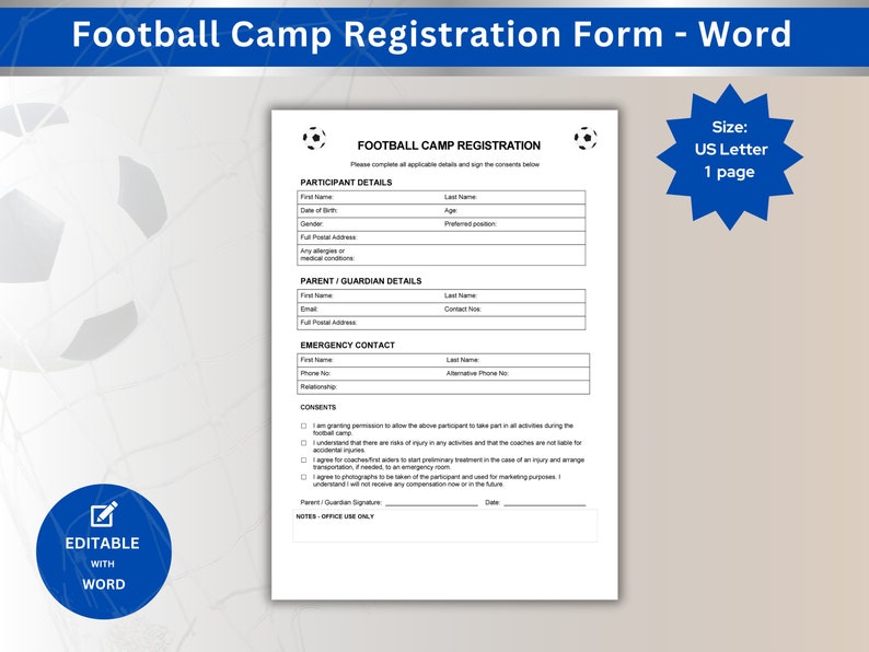 Football Camp Registration Form: Editable Sign-up Template (word & PDF ...