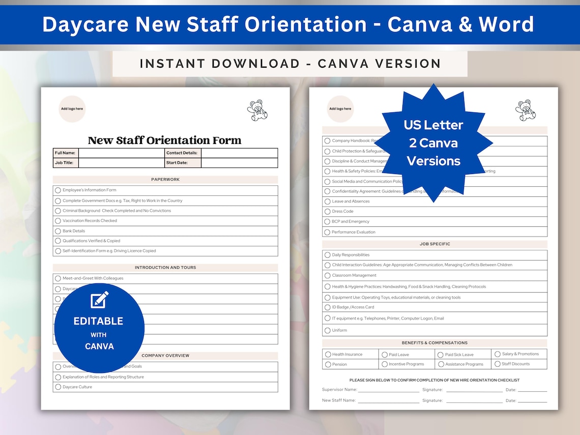 Daycare Staff Orientation Checklist for Onboarding New Staff Preschool ...