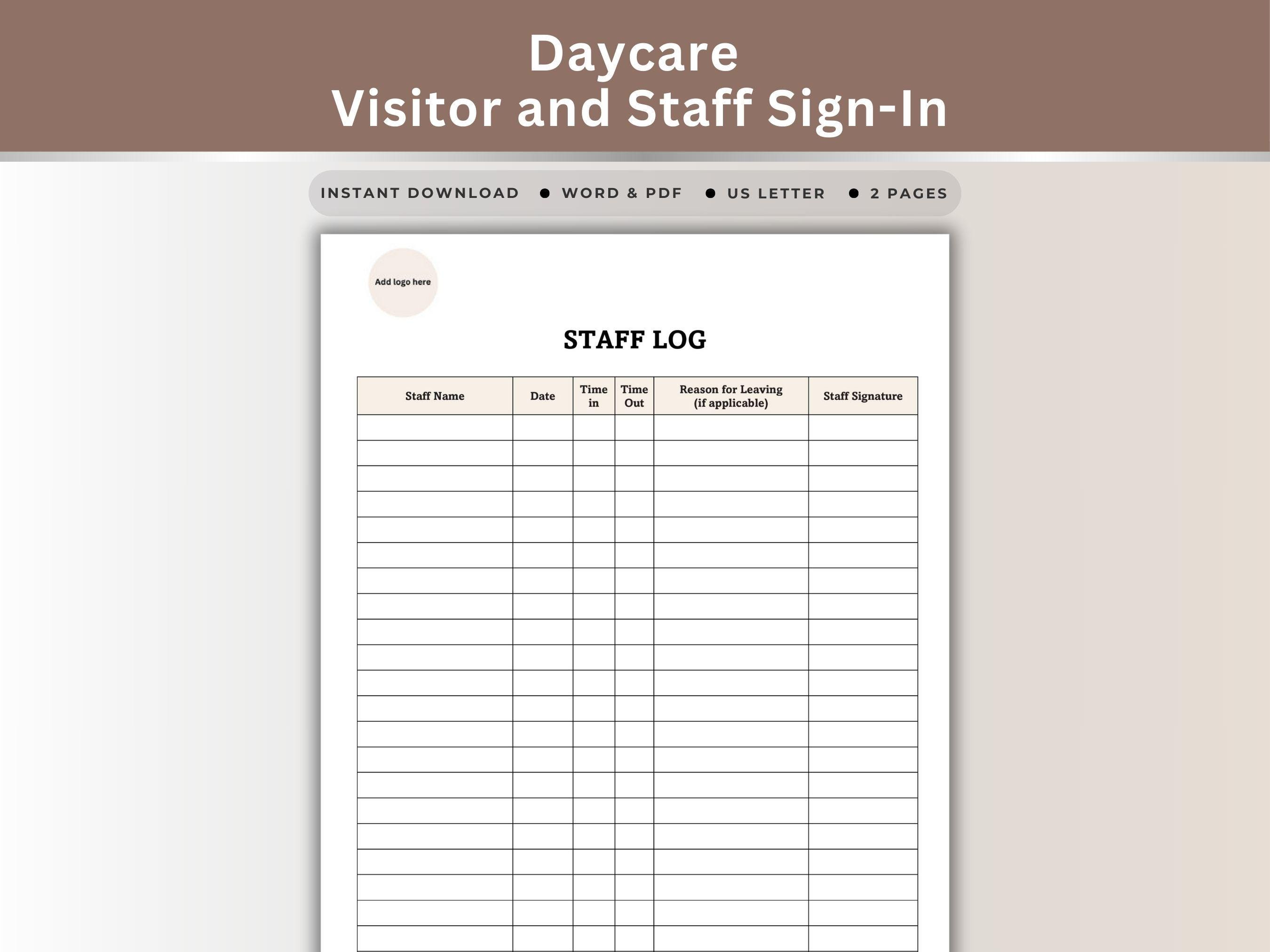 Daycare Visitor Sign in Sheet Template Staff Check-in Printable Form ...