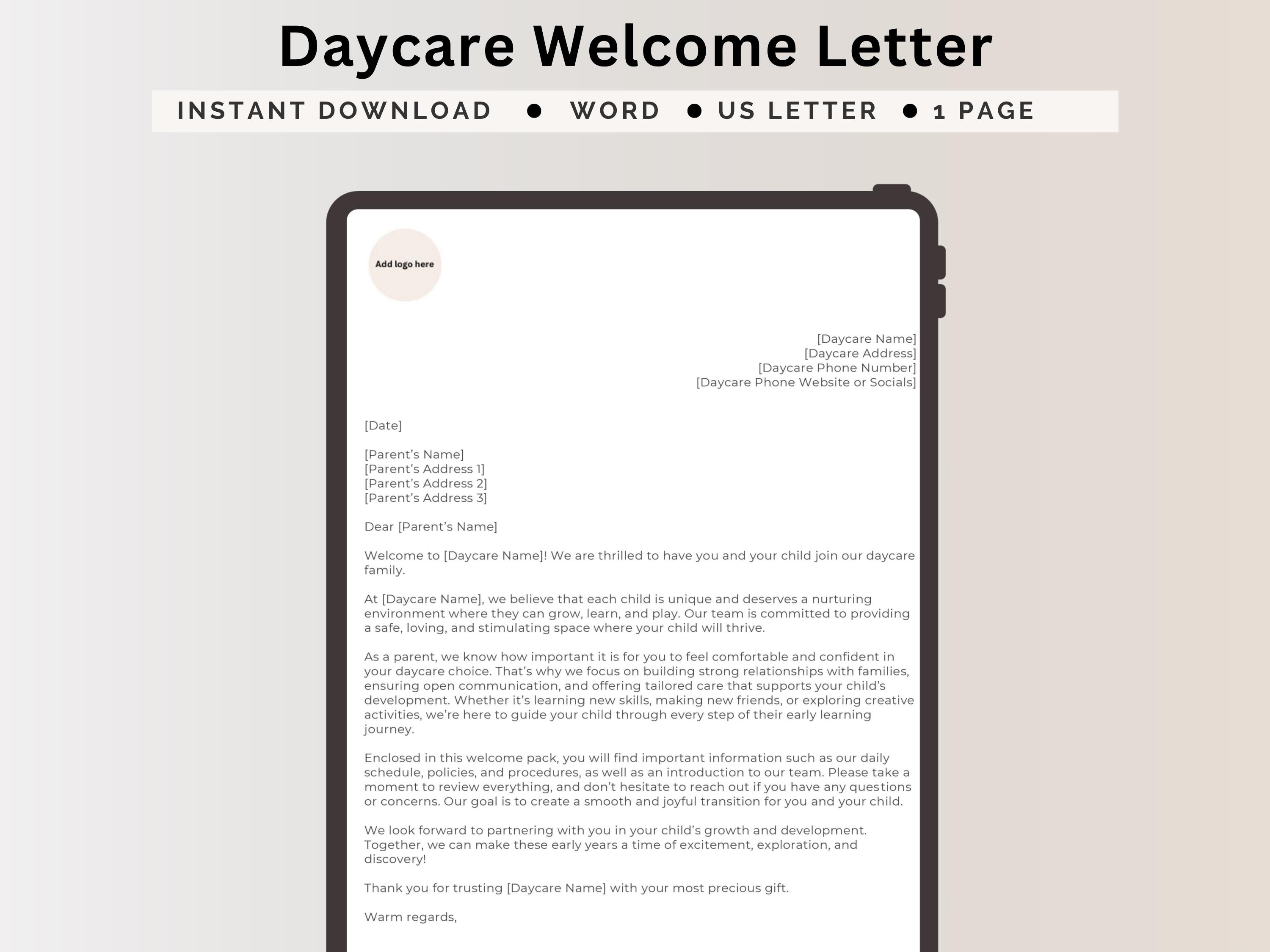 Welcome Letter Template for Daycare Introduction Letter to Parent ...
