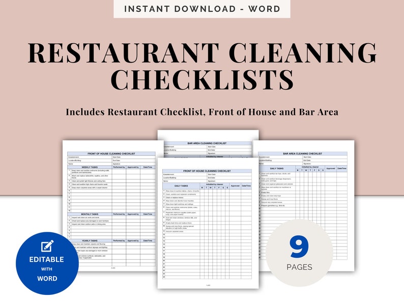 Editable Restaurant Cleaning Checklist: Front of House, Bar, Kitchen ...
