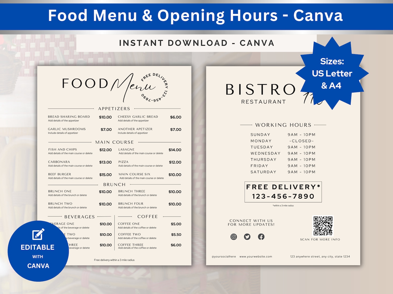 Simple Restaurant Food Menu Template Tan and Black and White Bistro ...