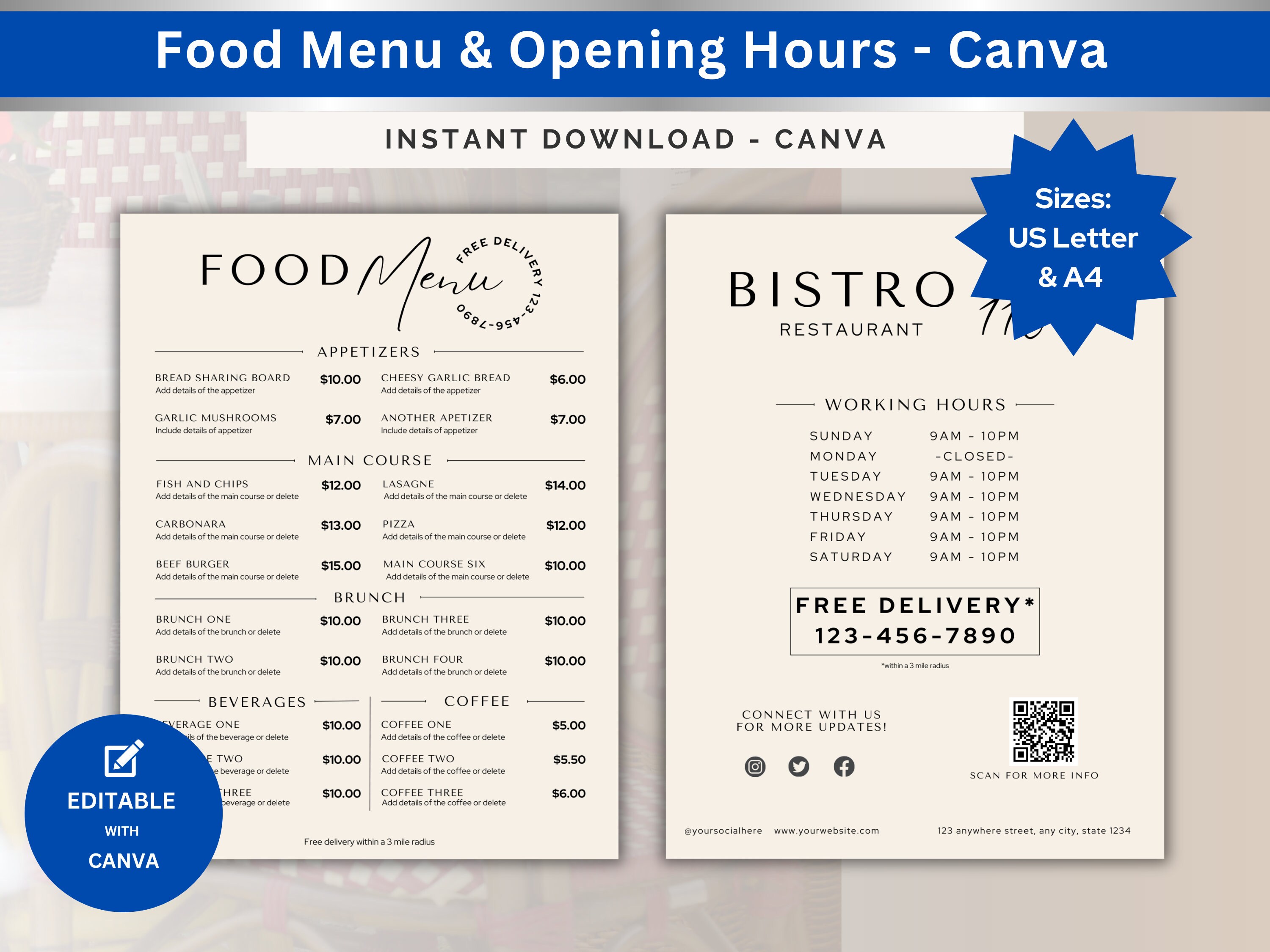 Simple Restaurant Food Menu Template Tan and Black and White Bistro ...