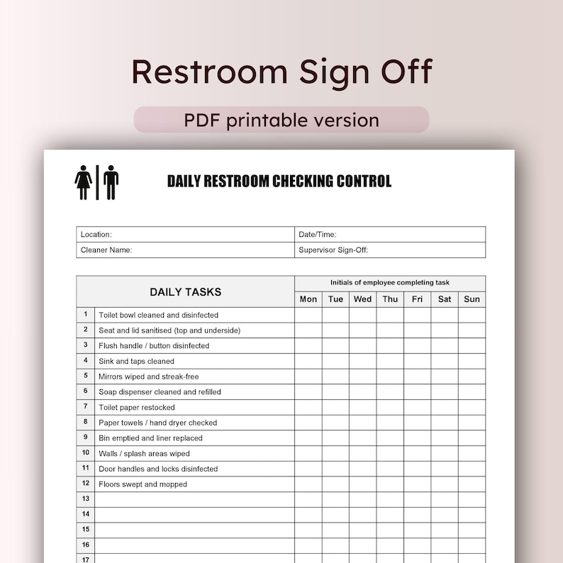 Printable Toilet Cleaning Sign off Sheet Bathroom Cleaning Monitoring ...