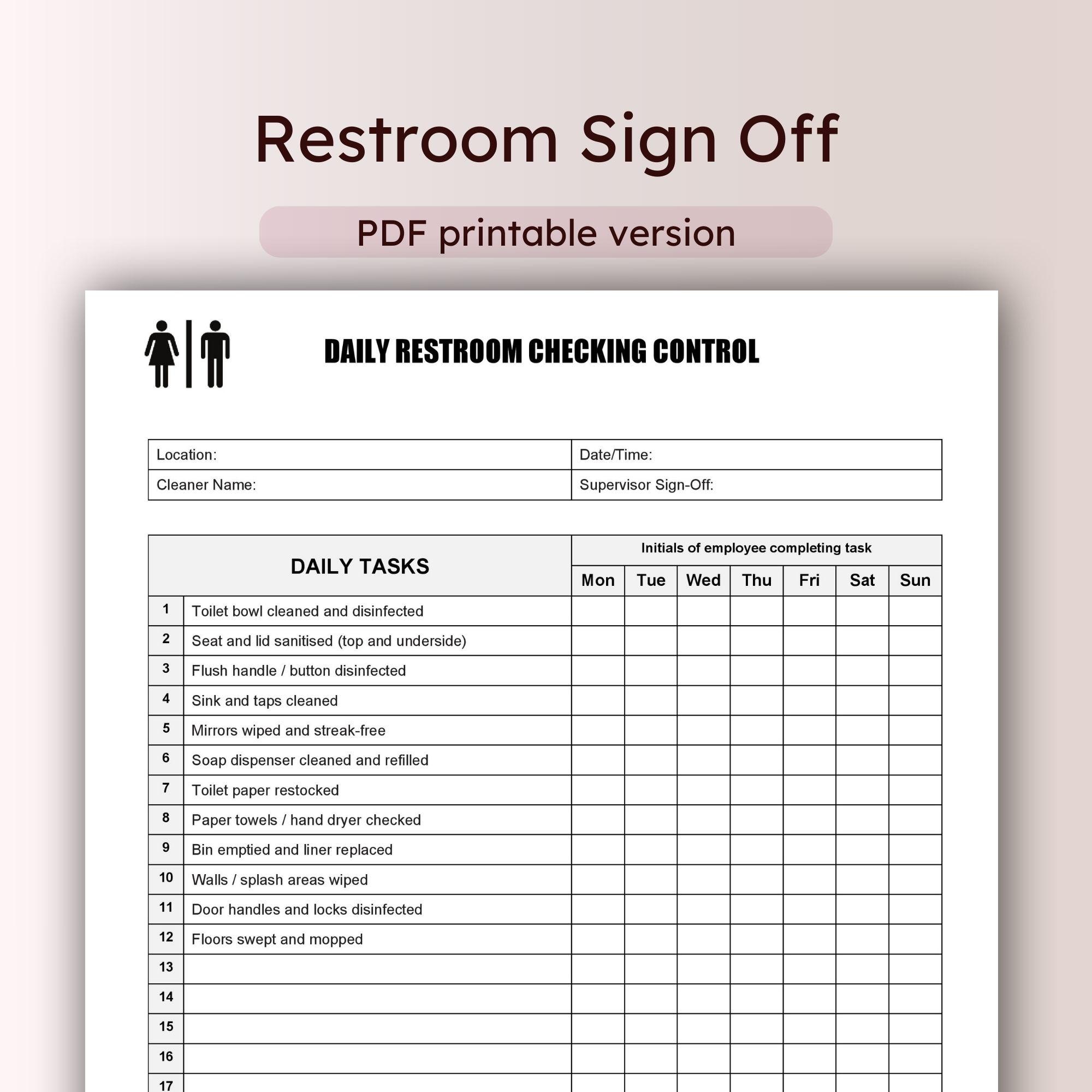 Printable Toilet Cleaning Sign off Sheet Bathroom Cleaning Monitoring ...