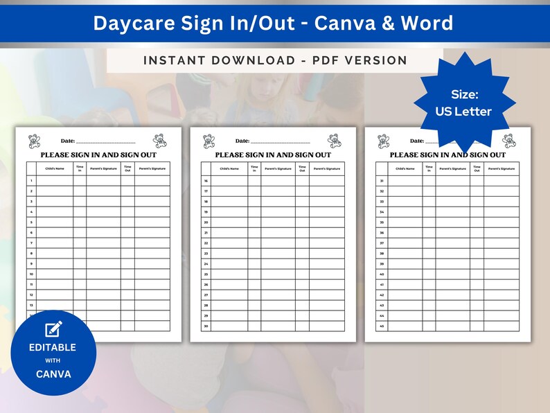 Daycare Sign in Sheet, Sign Out Sheet, Day Care Daily Log, Check in ...
