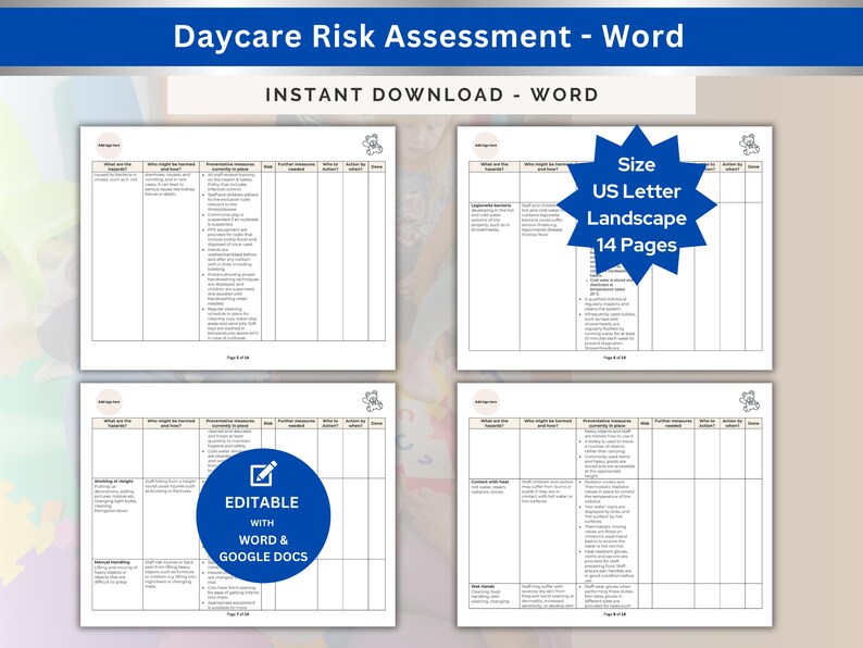 Daycare Risk Assessment Template Childcare Safety Checklist Nursery ...