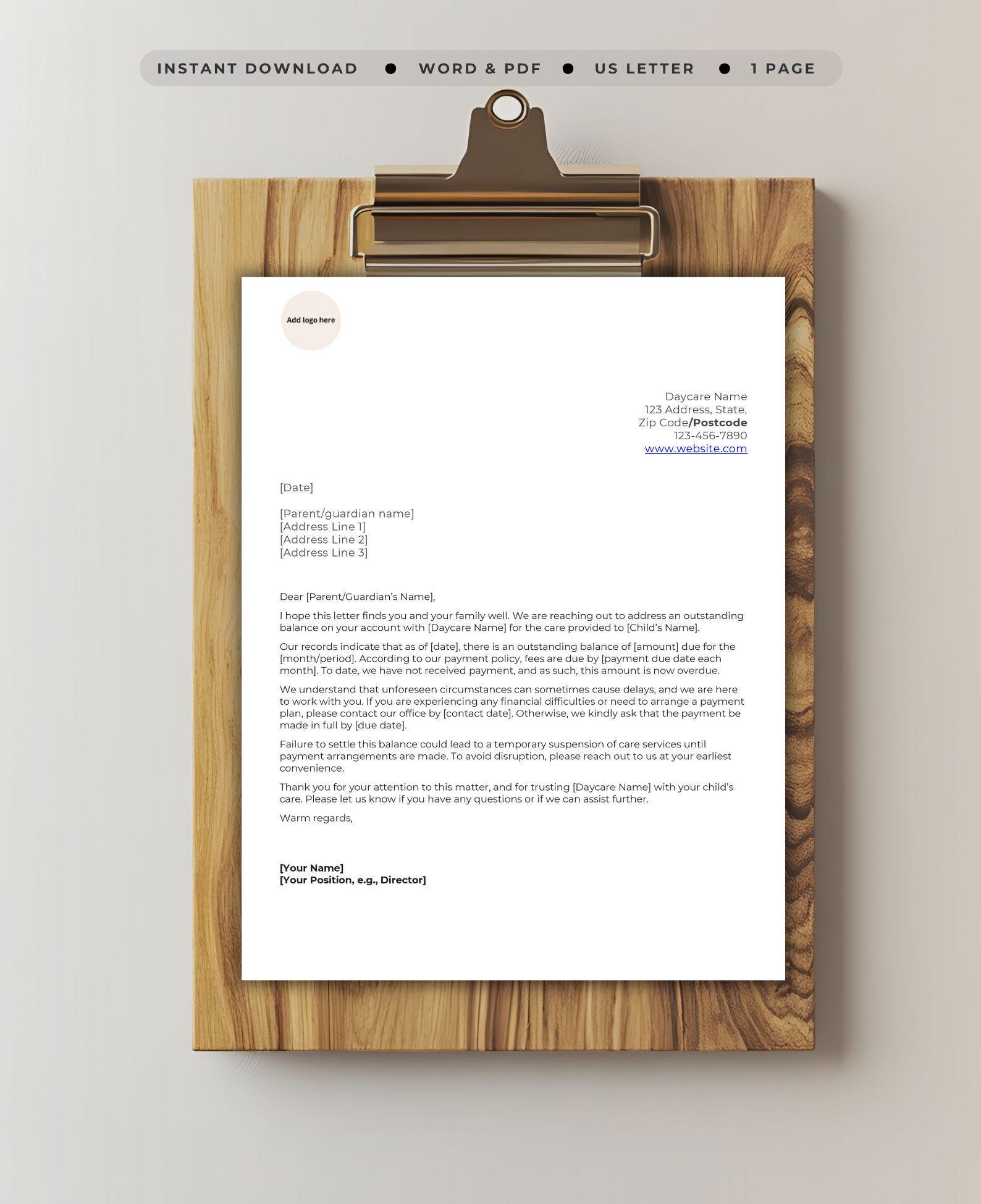 Daycare Late Payment Letter to Parent Past Due Balance Notice Reminder ...