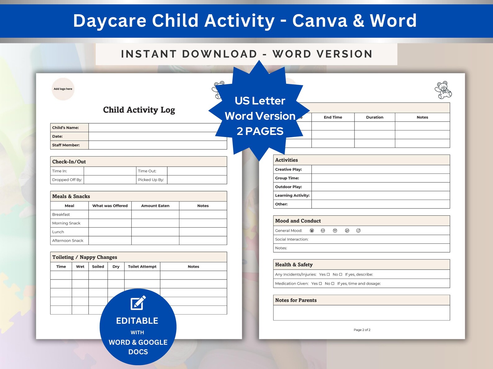 Daycare Child Activity Log Daily Report for Preschool Infant Toddler ...