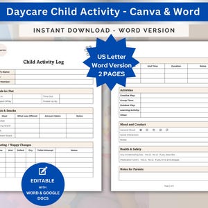 Daycare Child Activity Log Daily Report for Preschool Infant Toddler ...
