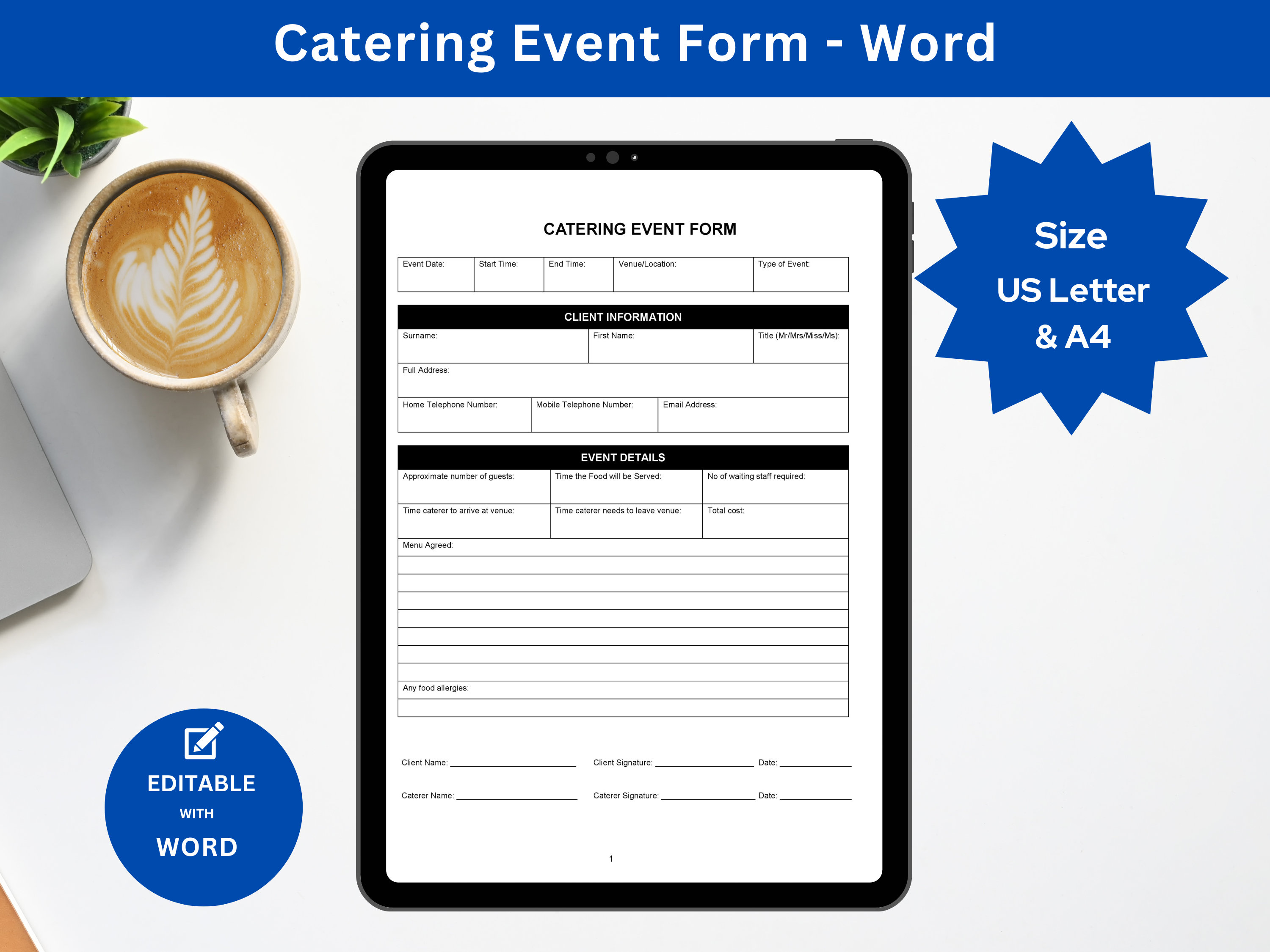 Catering Event Form Template: Editable in Word & Google Docs - Etsy