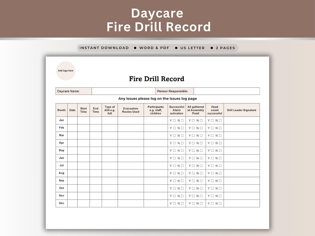 Childcare Fire Drill Record Template Monthly Emergency Evacuation Drill ...