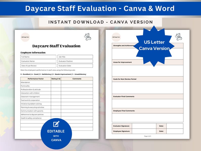 Daycare Staff Evaluation Form Template Printable Childcare Employee ...