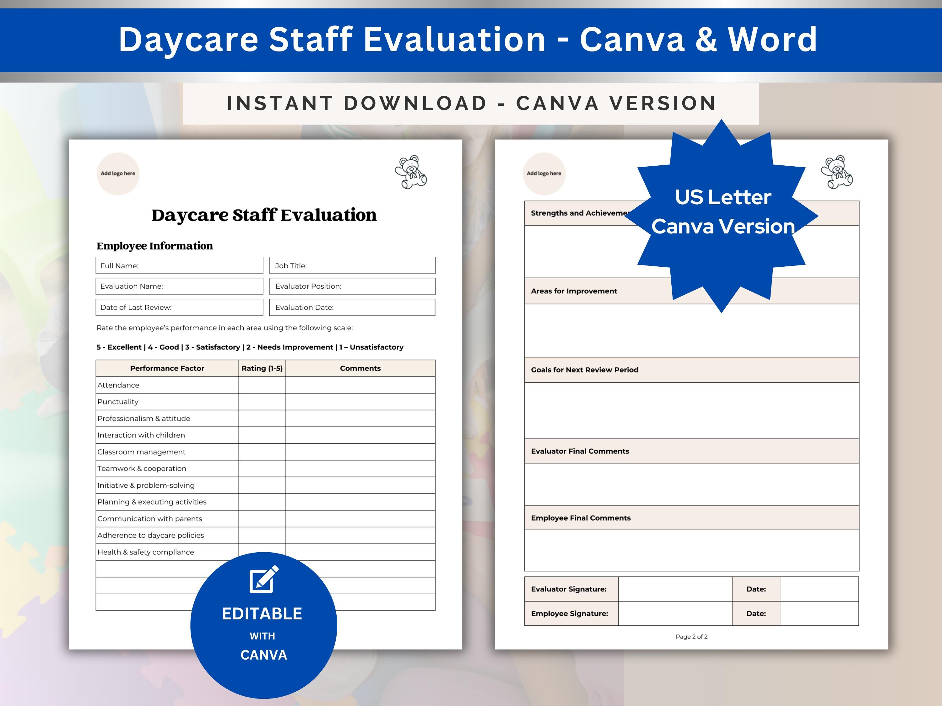 Daycare Staff Evaluation Form Template Printable Childcare Employee ...