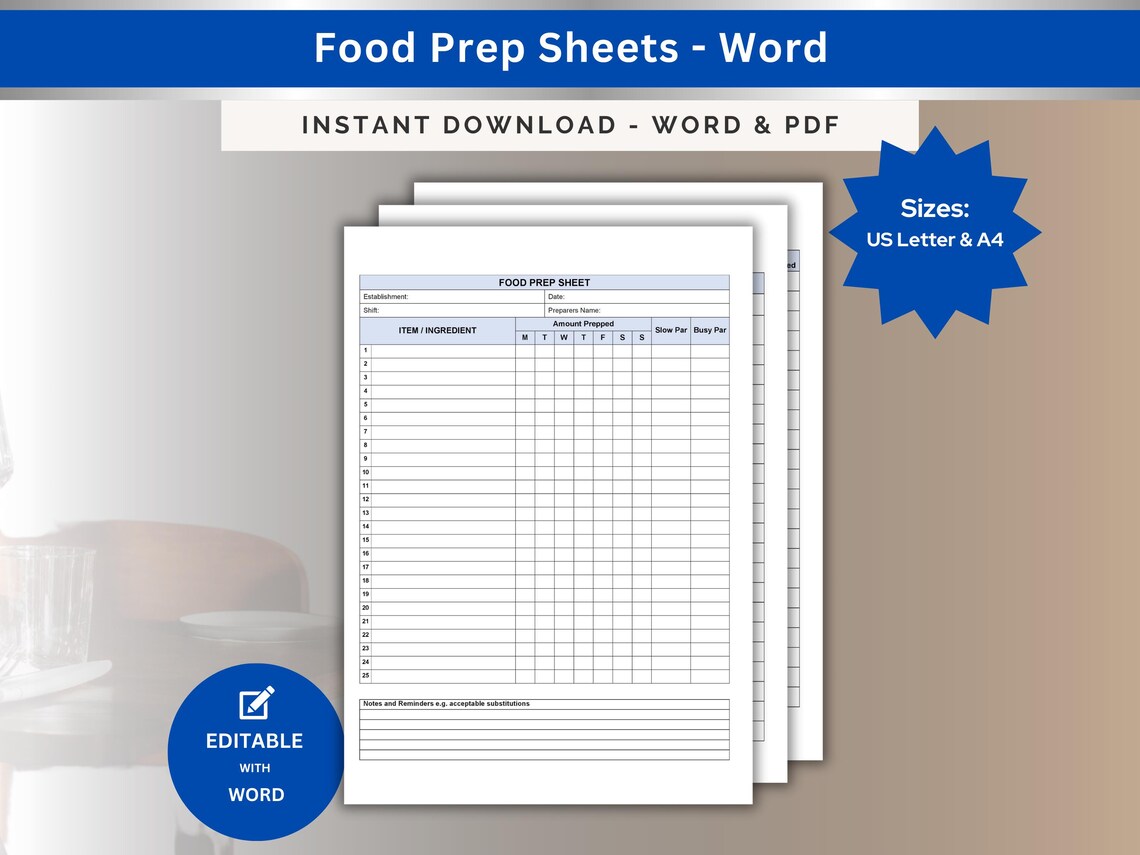 Restaurant Food Prep Sheet: Ingredient Log, Stock Control (word, PDF ...