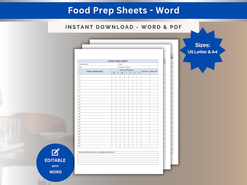 Restaurant Food Prep Sheet: Ingredient Log, Stock Control (word, PDF ...