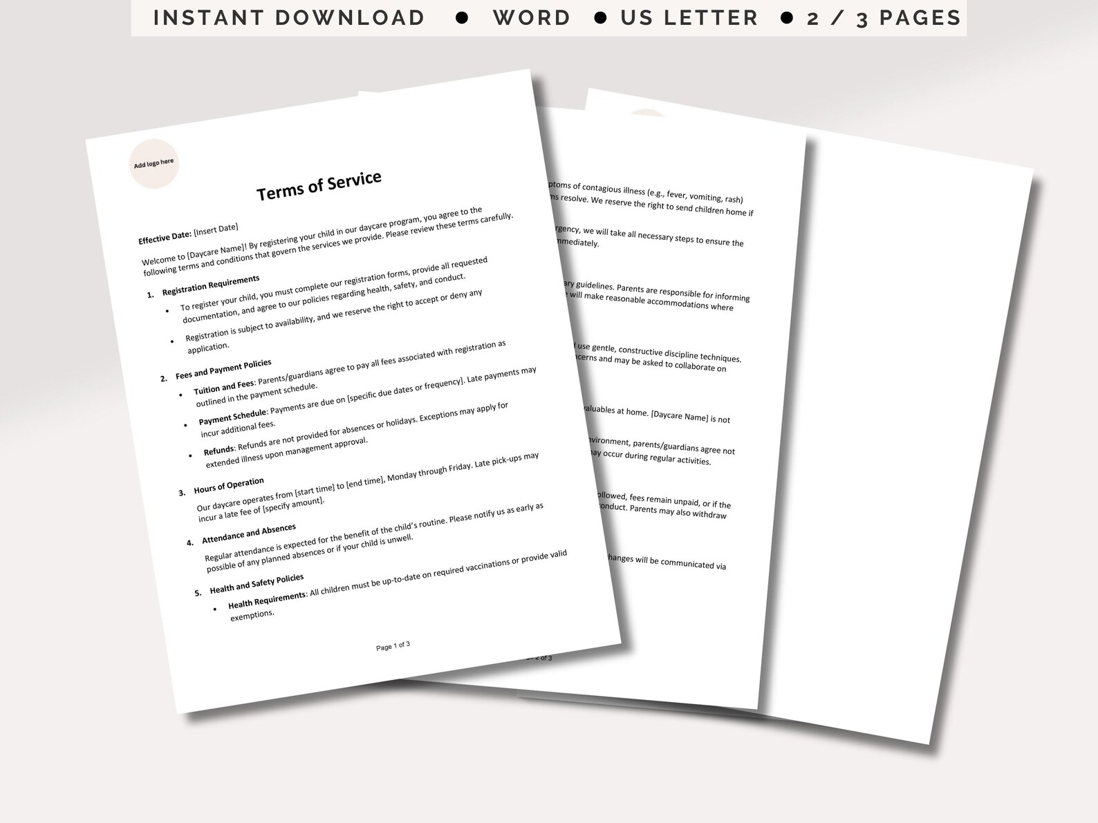 Childcare Center Parent Agreement Template In-home Terms and Conditions ...