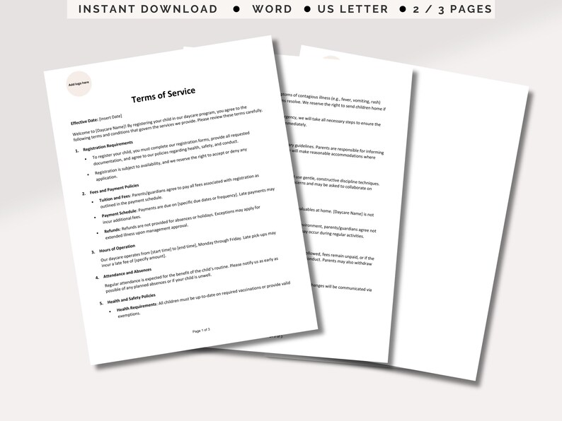 Childcare Center Parent Agreement Template In-home Terms and Conditions Childcare Contract ...