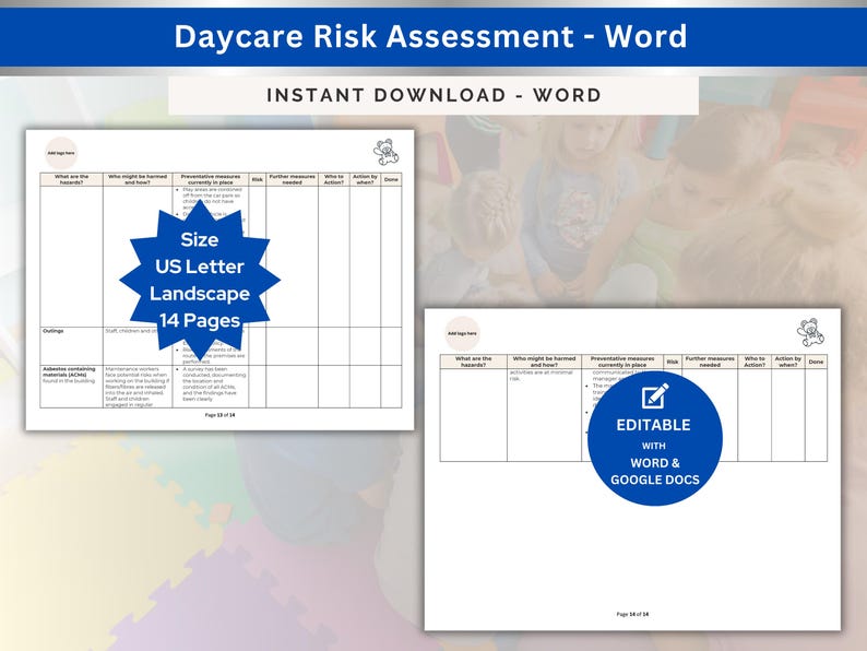 Daycare Risk Assessment Template Childcare Safety Checklist Nursery ...