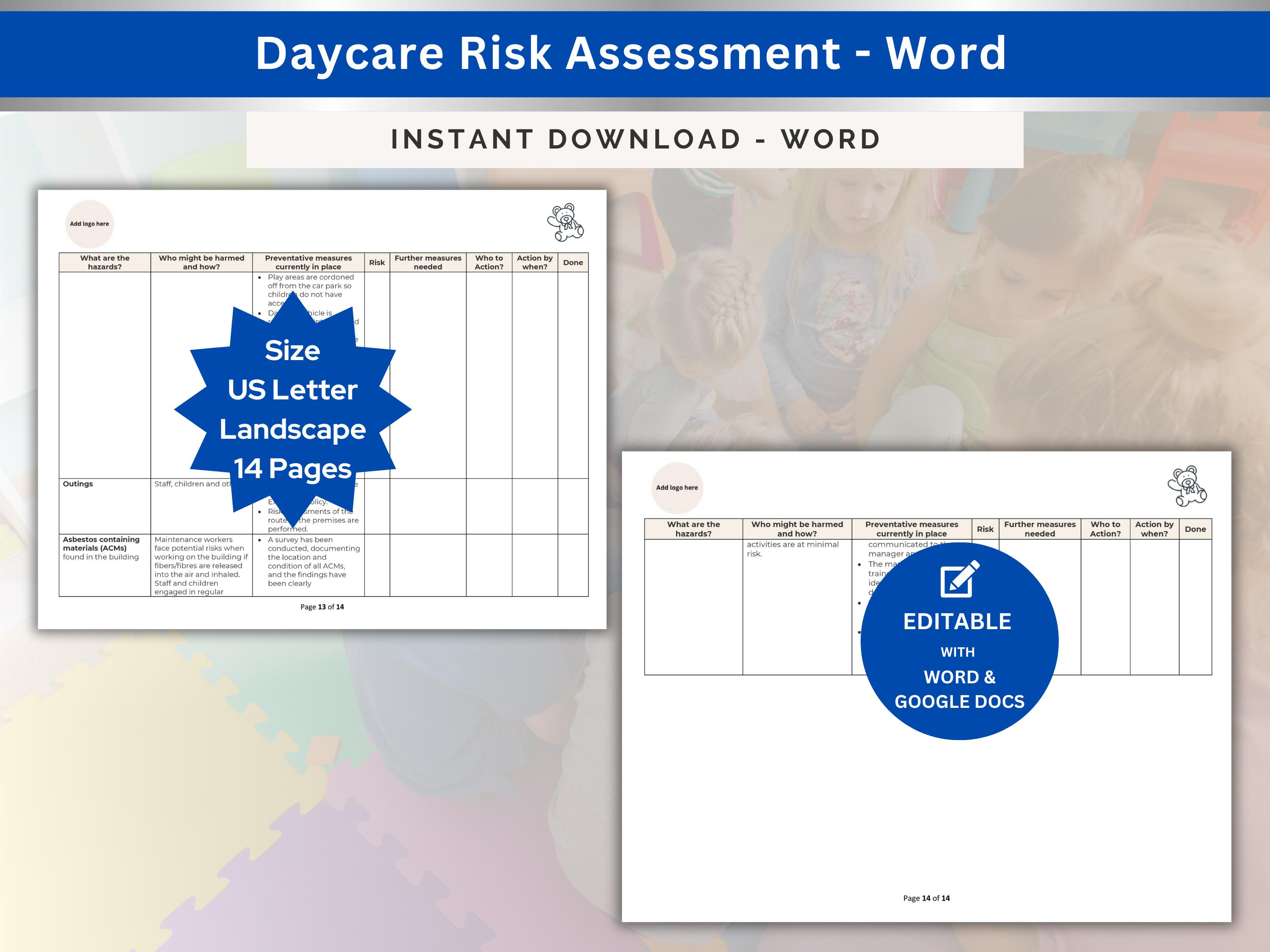 Daycare Risk Assessment Template Childcare Safety Checklist Nursery ...