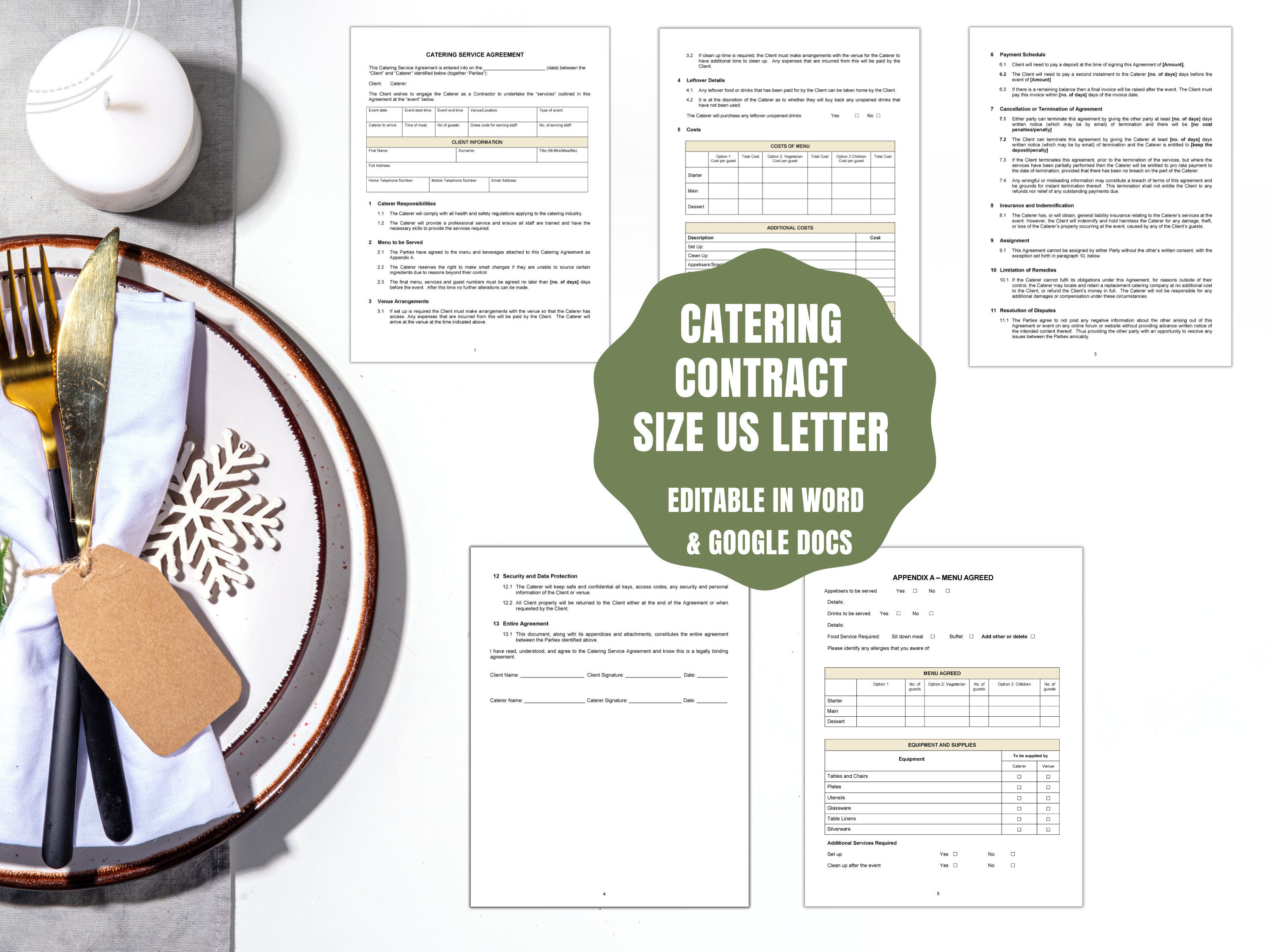 Catering Contract for a Caterer With Menu Details and Agreement of ...