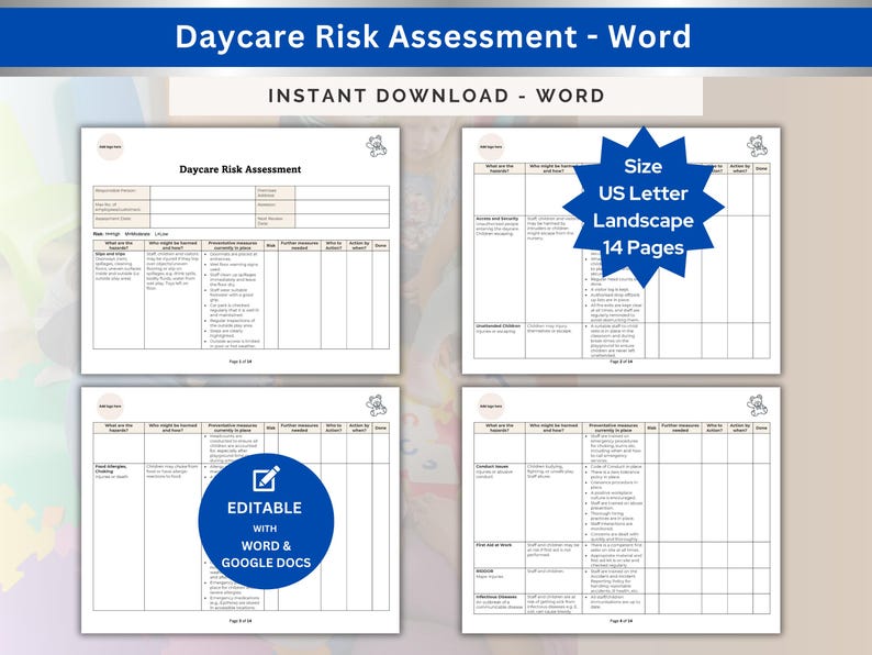 Daycare Risk Assessment Template Childcare Safety Checklist Nursery ...