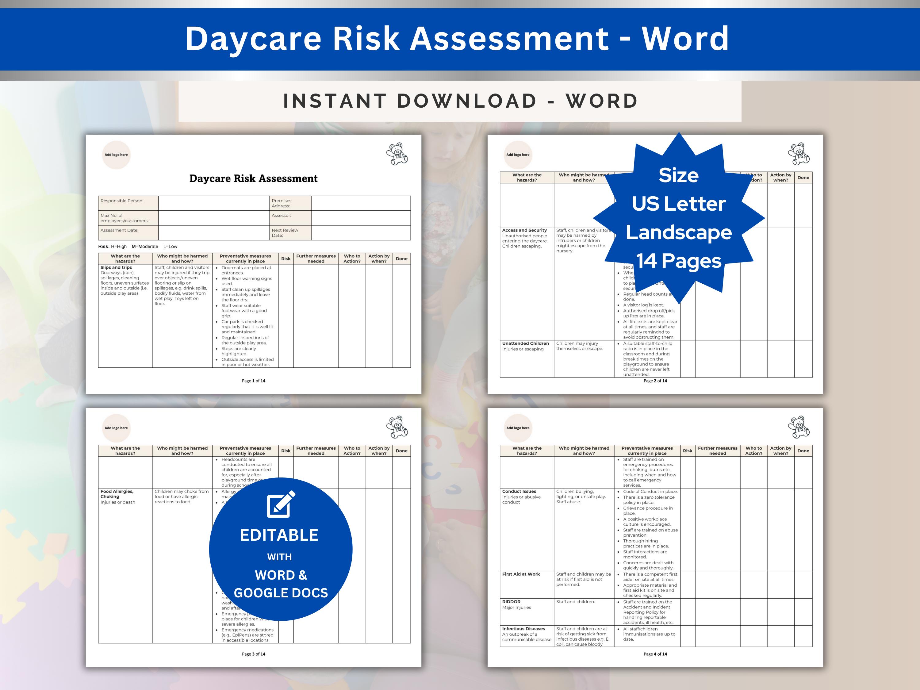 Daycare Risk Assessment Template Childcare Safety Checklist Nursery ...