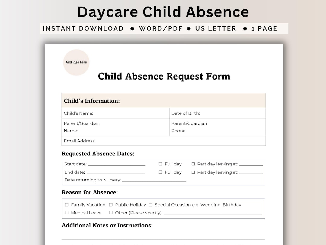 Child Absence Form for Early Childhood Education Centre Time off Record ...