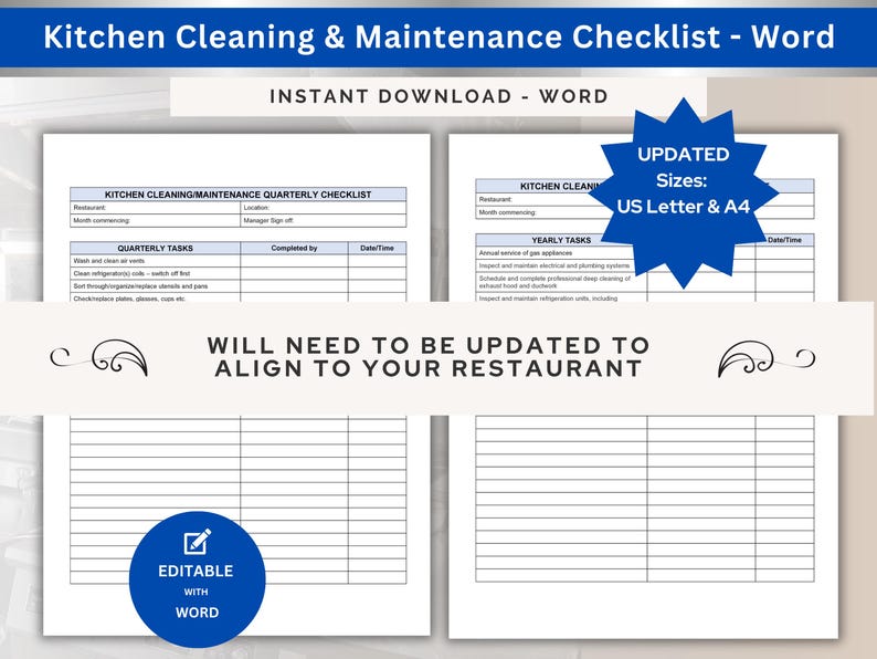 Restaurant Kitchen Cleaning Checklist: Daily, Weekly, Monthly (editable ...
