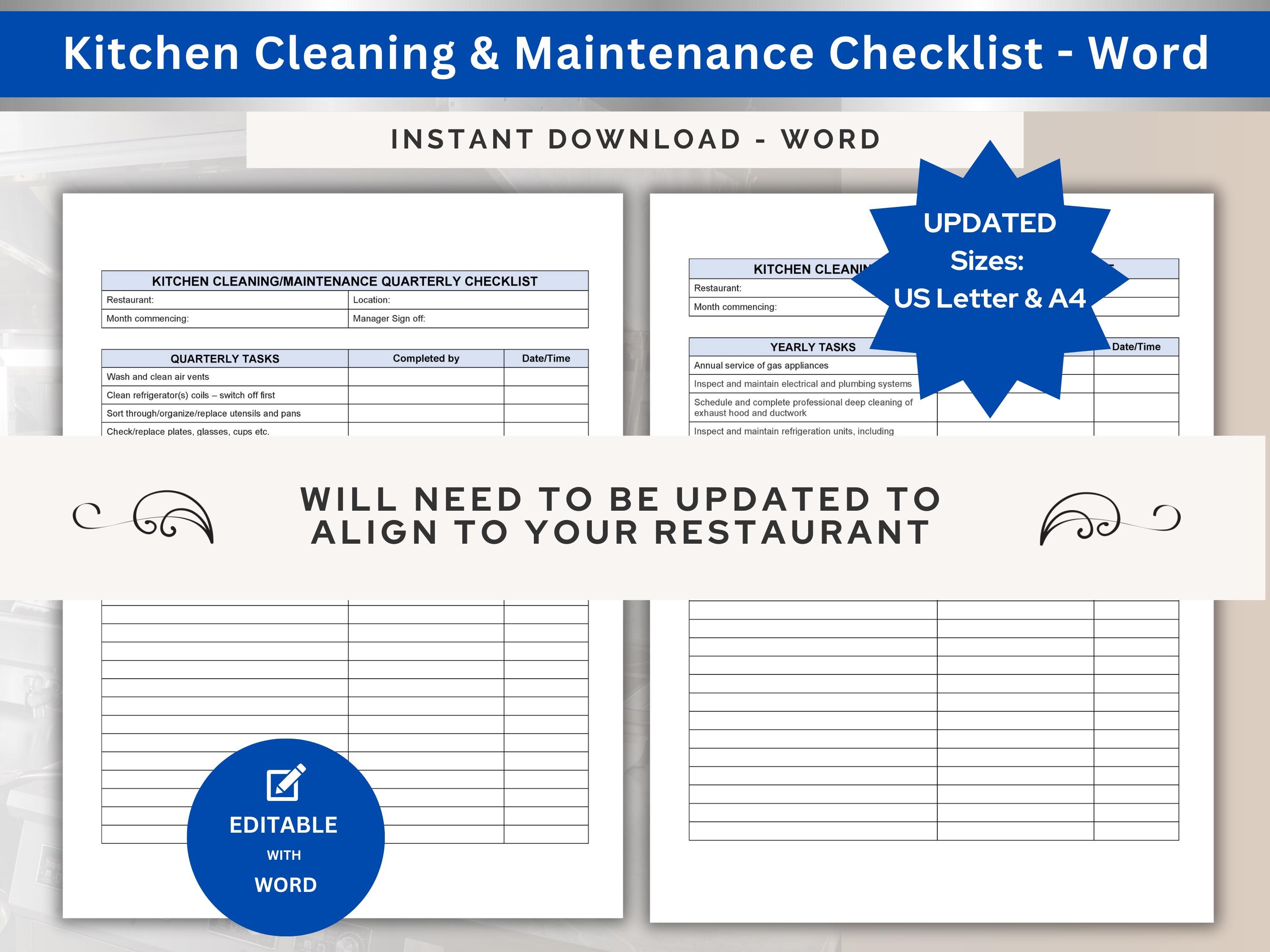 Daily Restaurant Kitchen Cleaning Checklist, Weekly, Monthly ...