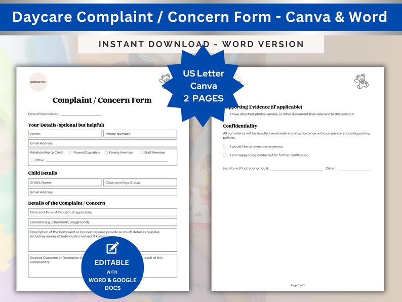 Daycare Complaint Form Printable Parent Concern Report Template ...