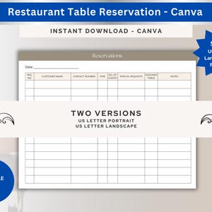 Restaurant Table Reservation Sheet: Printable Planner (PDF Canva) - Etsy
