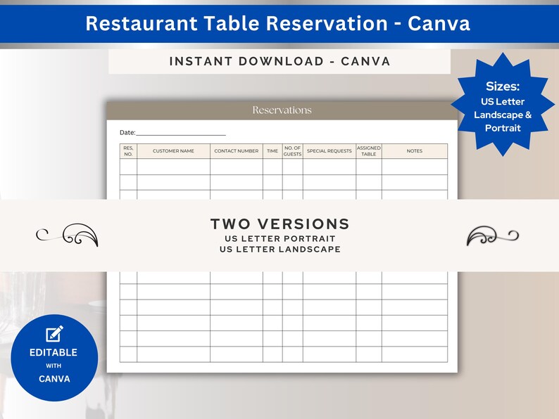 Restaurant Table Reservation Sheet: Printable Planner (PDF Canva) - Etsy