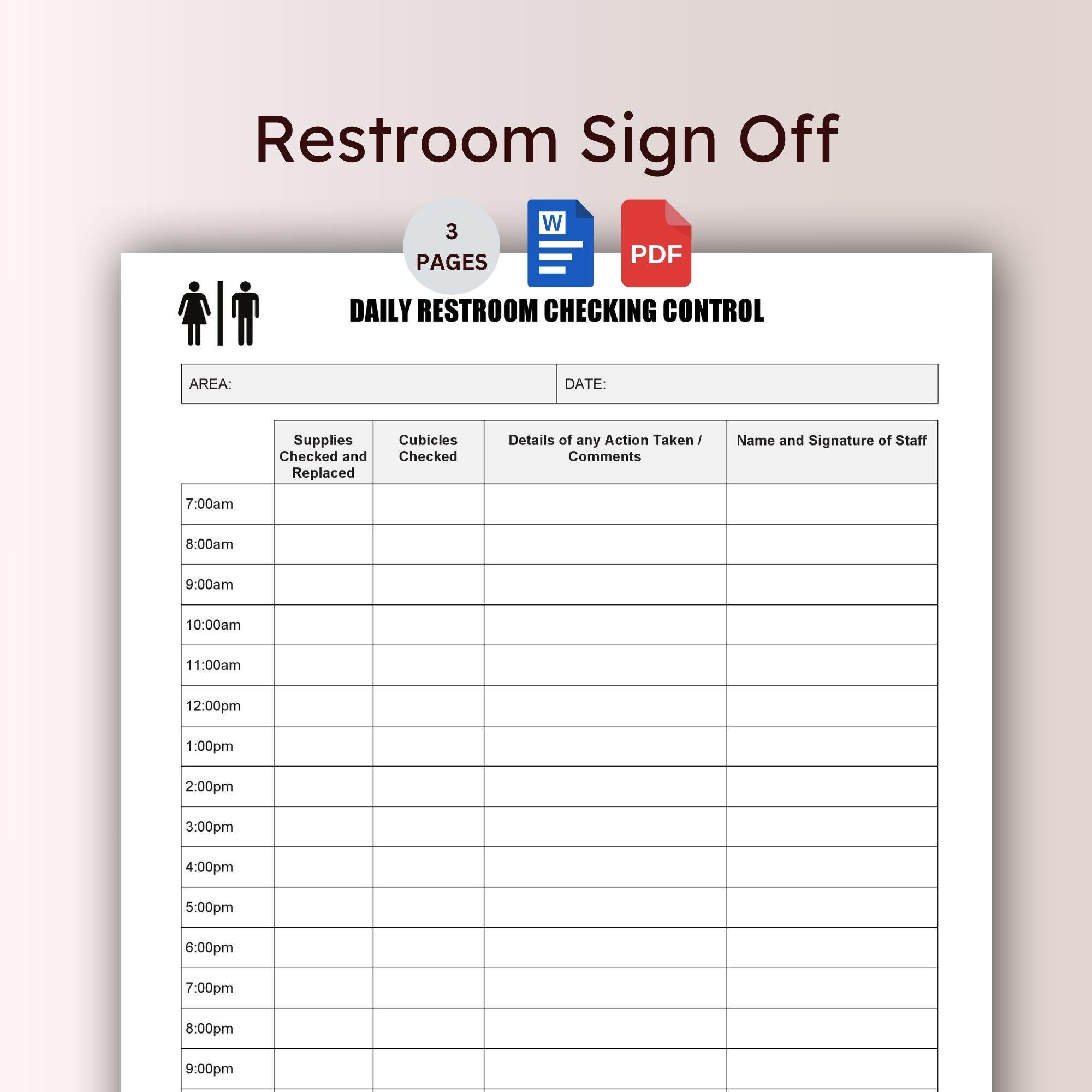 Printable Toilet Cleaning Sign off Sheet Bathroom Cleaning Monitoring ...