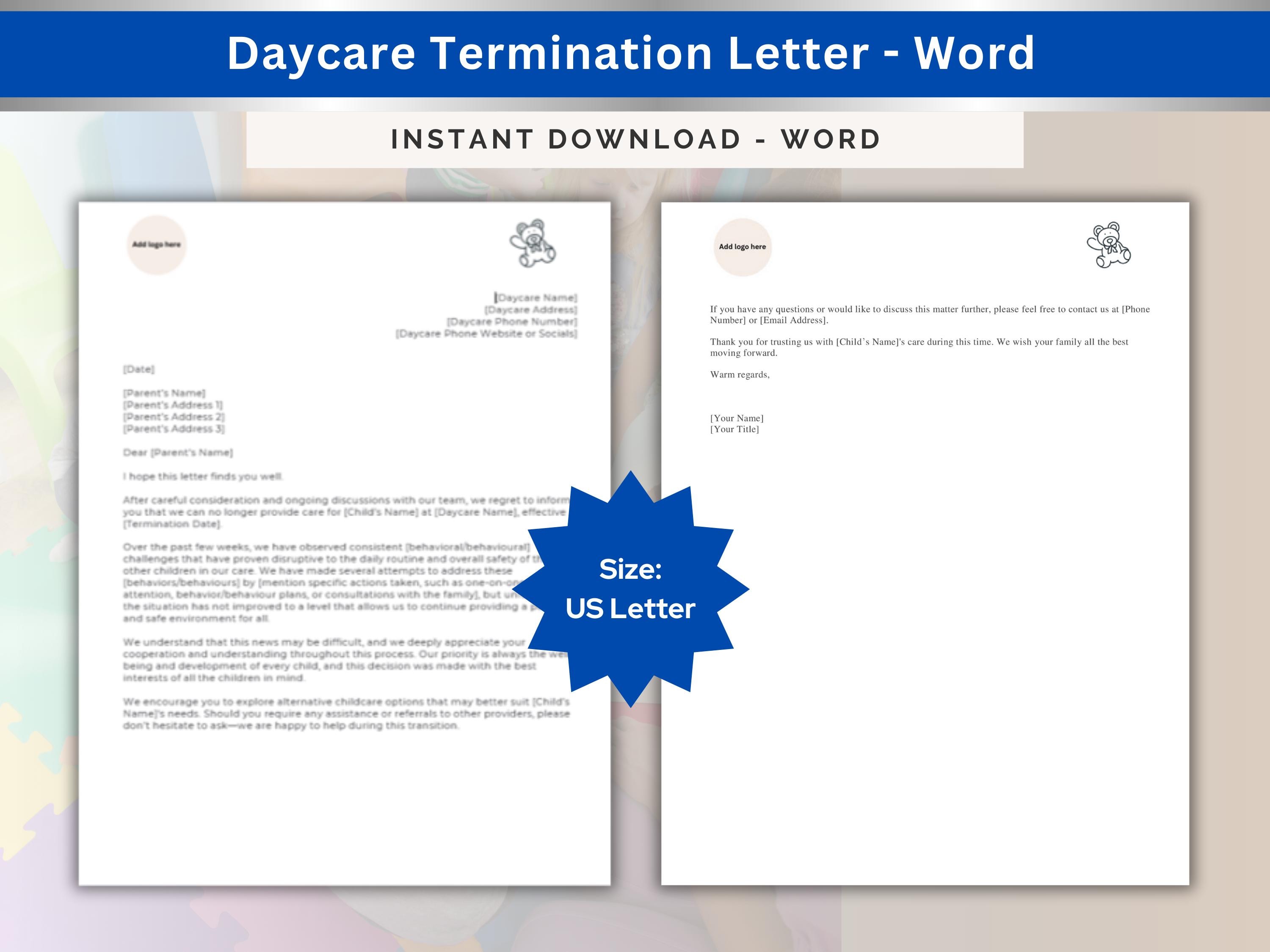 Daycare Termination Letter Parent Termination Notice Childcare Behavior ...