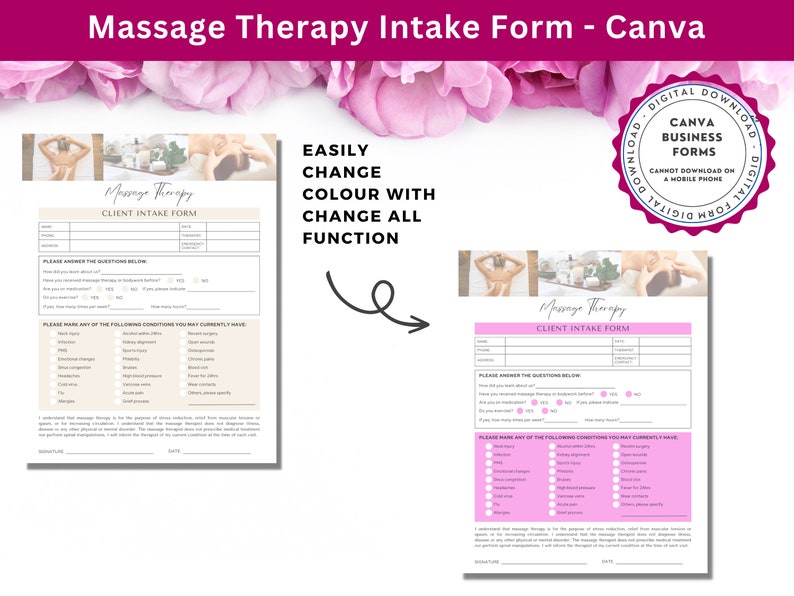 Massage Therapy Client Intake Form: Health History, Editable Canva ...