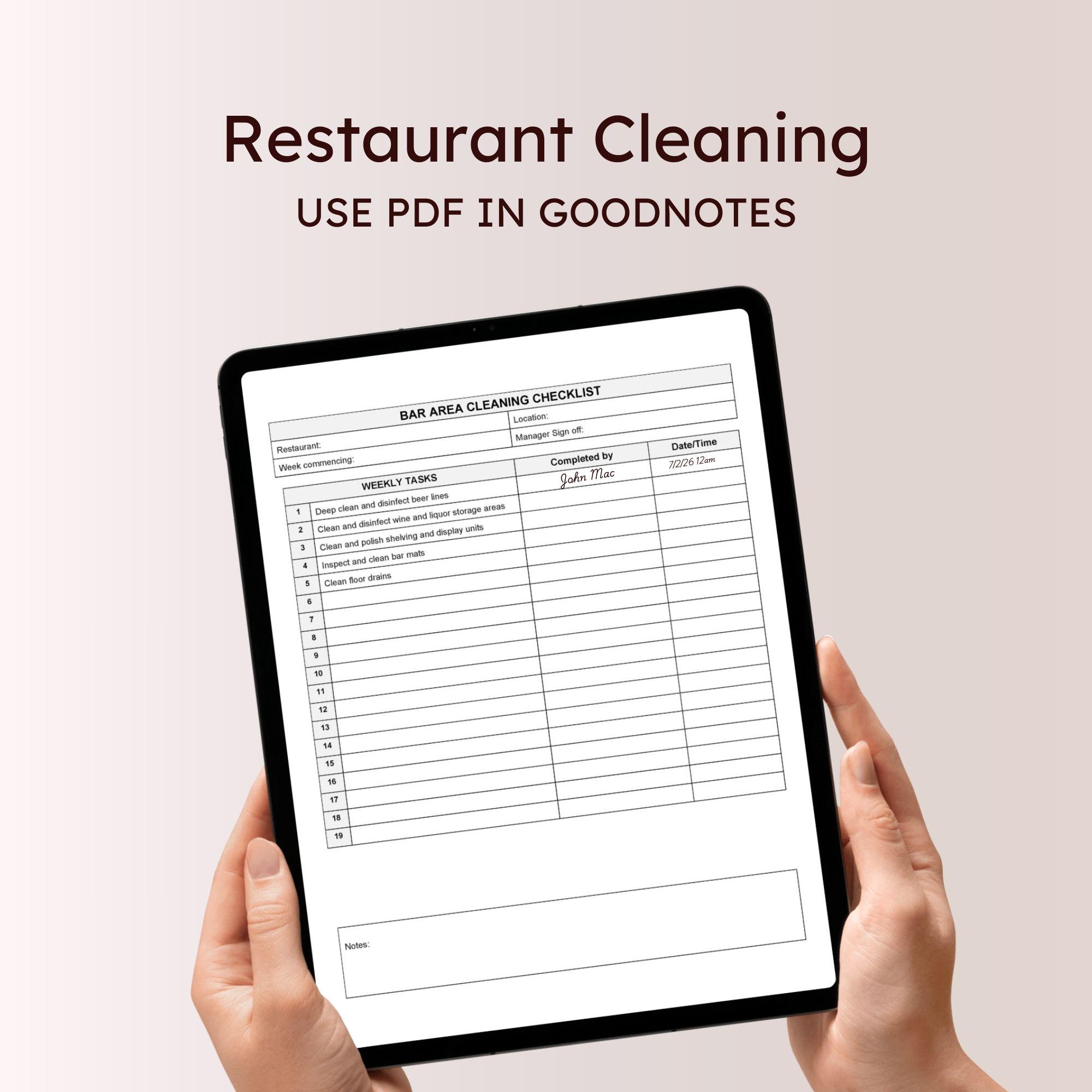 Restaurant Cleaning Checklist Template Bar Area Sanitising Procedures ...