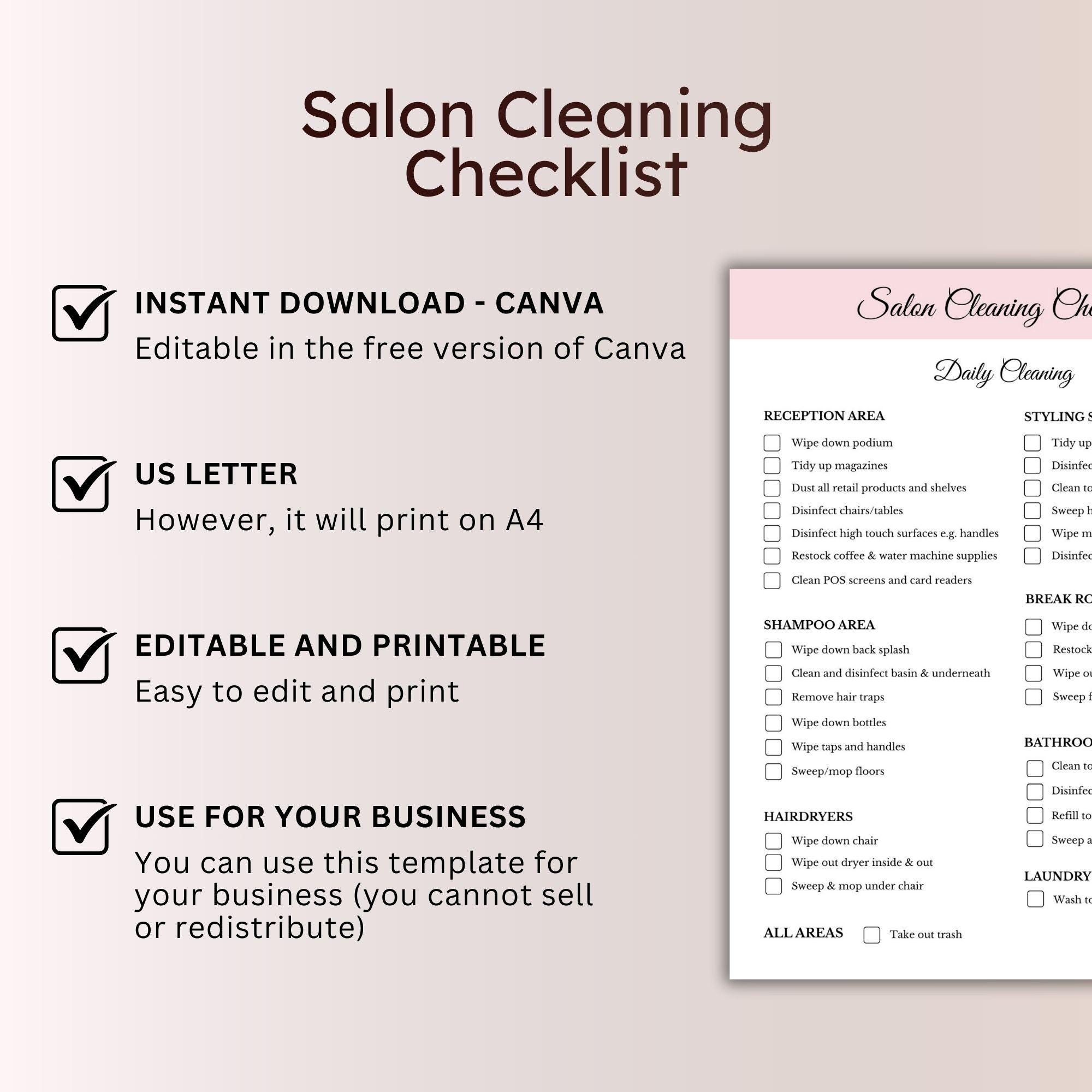 Salon Cleaning Checklist Printable Beauty Salon Hygiene List Daily Hair ...